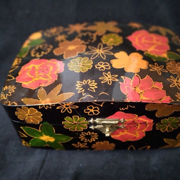 Accents | Black Lacquer Floral Design Jewelry Trinket Box With Red ...